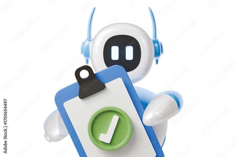 3d robot holding checklist clipboard icon. productivity approval ...