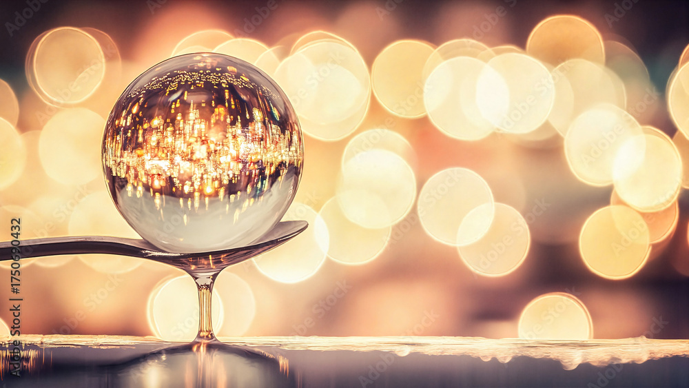 Photo Stock Sparkling wine molecular beverage, shiny sphere, spoon ...