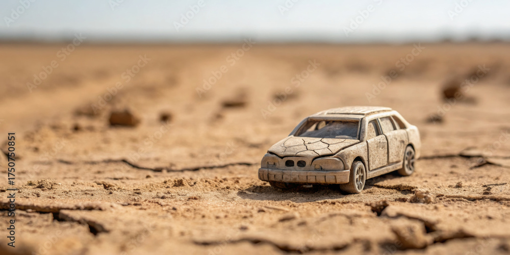 Dusty toy car on dry cracked ground somber symbol of deforestation and ...