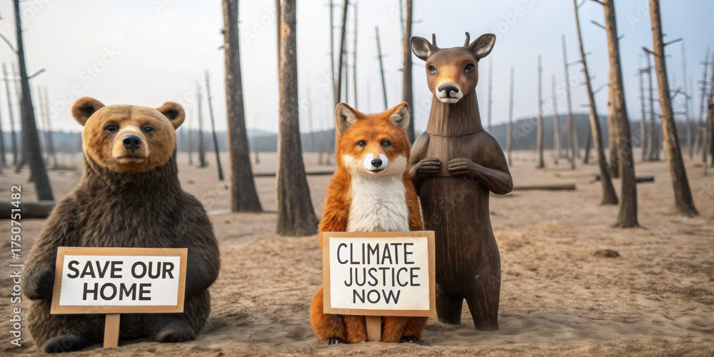 Sad effect of deforestation on animals. bear fox and deer protest with ...