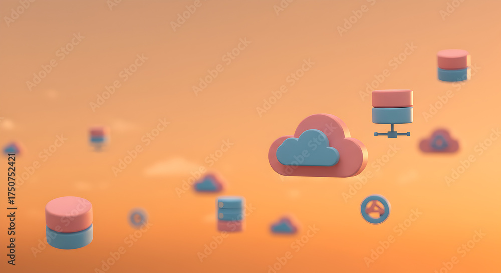 Illustration Stock Pink and blue 3d cloud and database icons floating in orange sky 2025 2026 ...