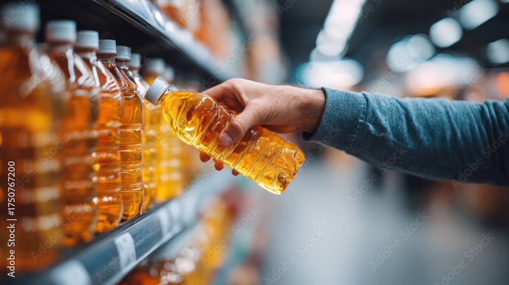 Hand reaching for a bottle of oil in a grocery store aisle with ...