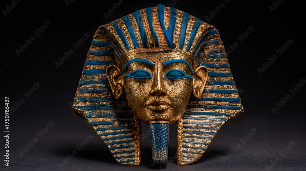 Tutankhamun's iconic golden death mask with blue and gold stripes ...