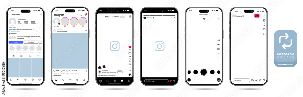 Instagram app UI mockup update. Reels, story, and profile interface ...