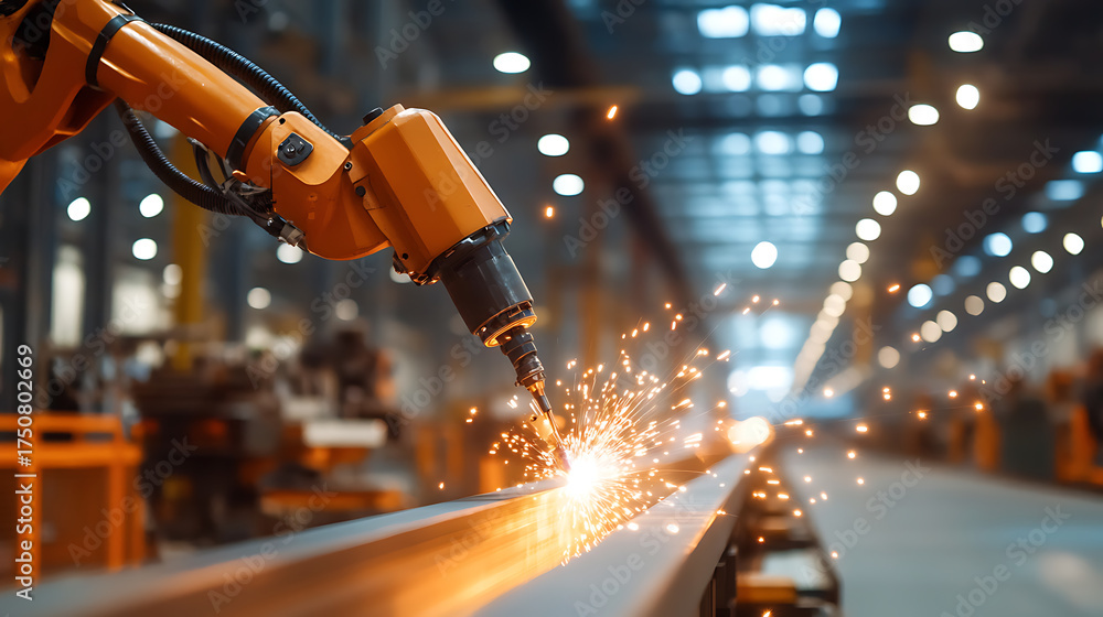 Automated Welding Process: Robotic arm precision welds metal in a ...