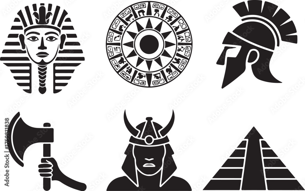 Ancient icons historical warrior symbols and artifacts Stock Vector ...