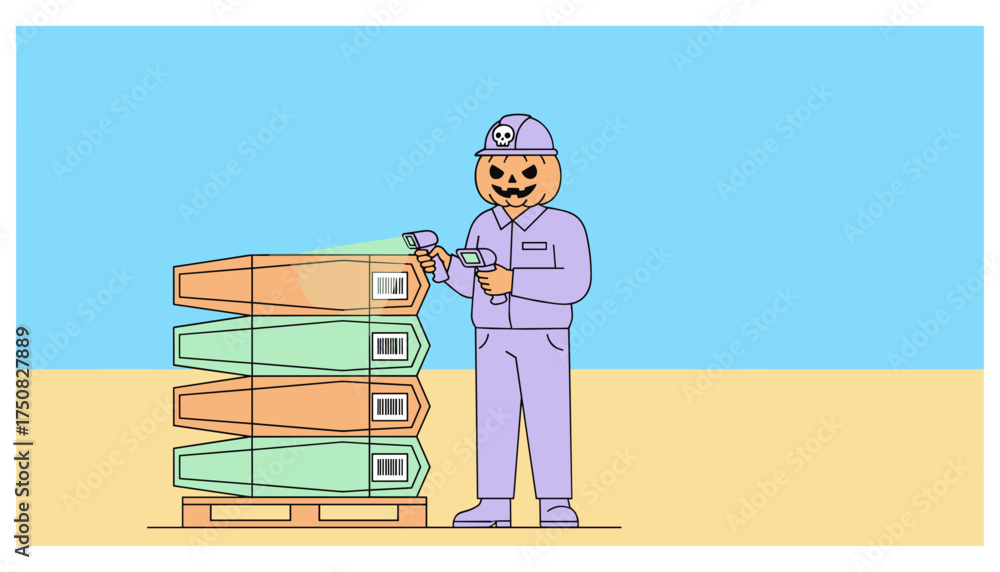 Pumpkinheaded worker scans coffin barcodes on a pallet managing spooky ...