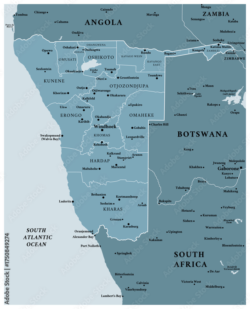 Namibia - detailed political map of the country with regions and major ...