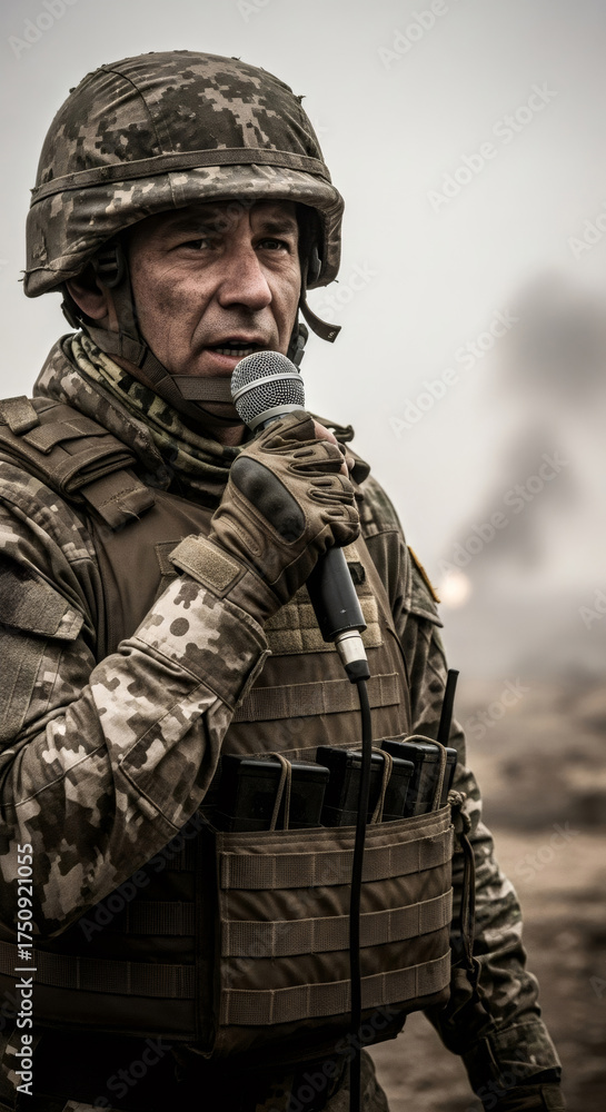 Male military reporter in camouflage uniform holding microphone to ...