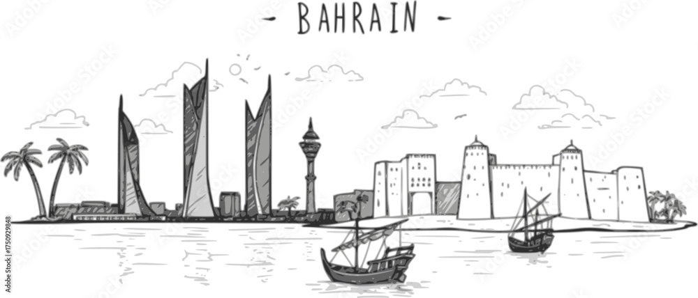 Hand drawn symbols and landmarks of bahrain featuring iconic structures ...