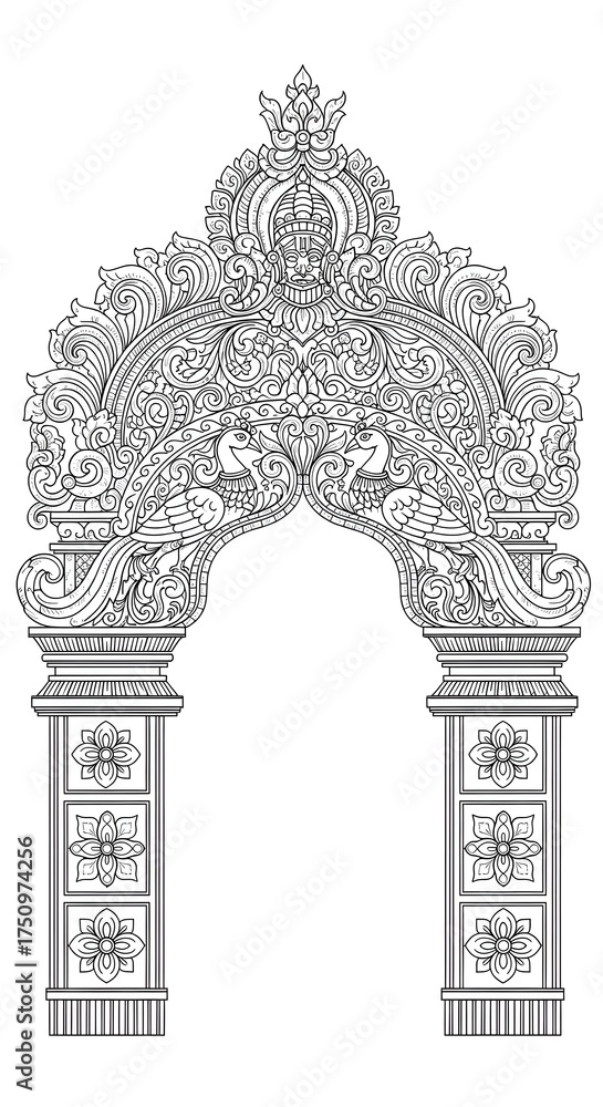 Ornate Indian Temple Arch (Torana) Line Art: Detailed symmetrical ...
