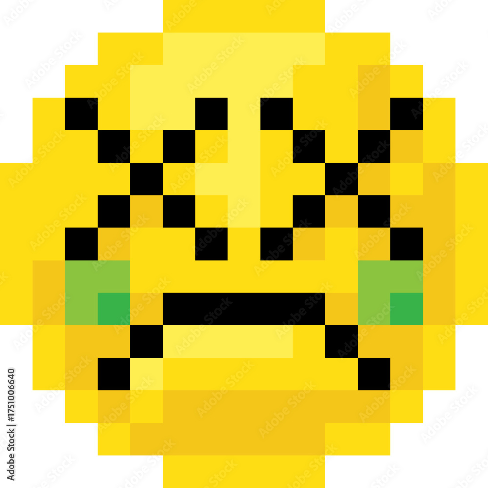 Image vectorielle Stock Pixel art emoji emoticon with green cheeks and ...