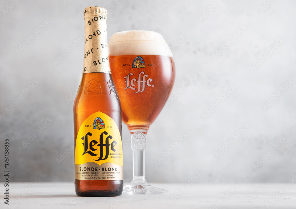 LONDON,UK - JULY 19,2025: Leffe Blond lager beer bottle and original ...