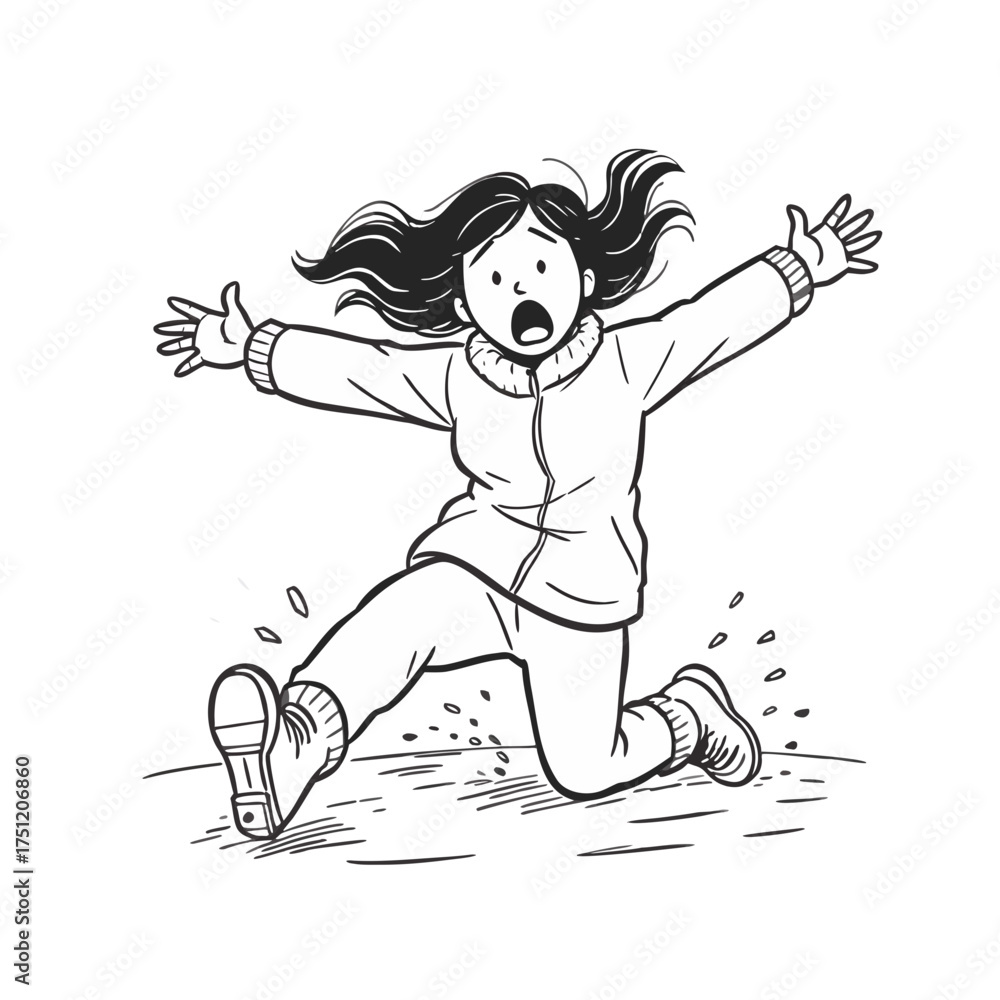 Fearful run: A girl with a shocked expression slips as she runs, with ...