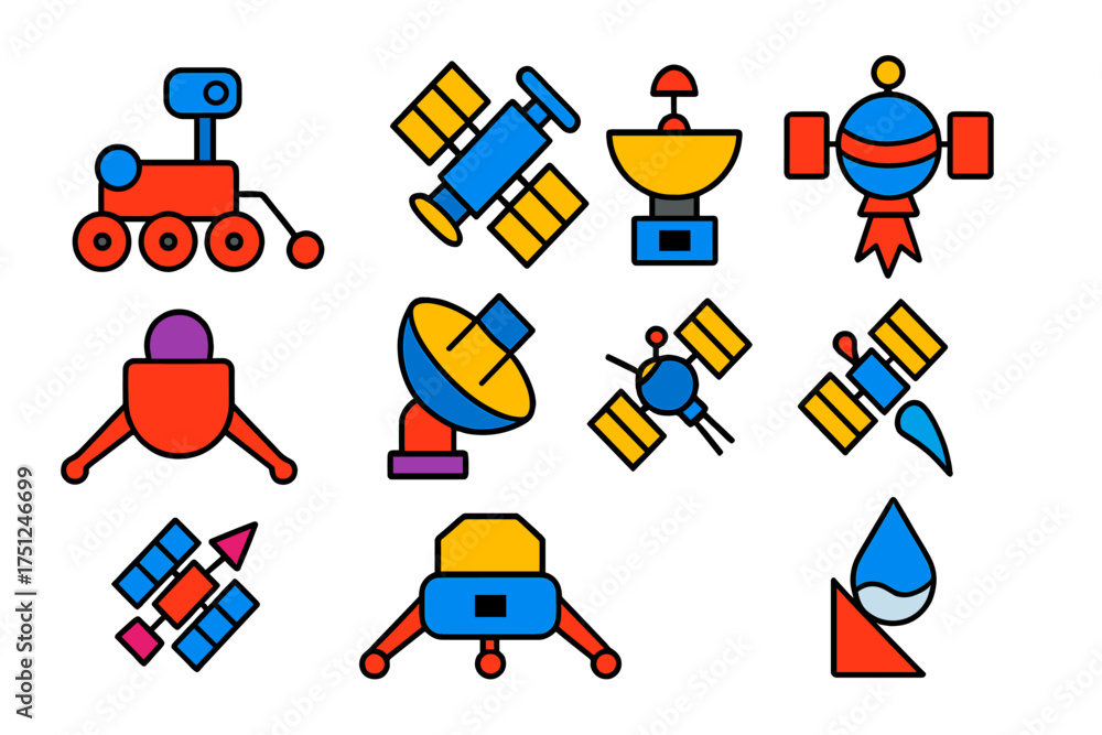 Interplanetary Mission Icons. Flat vector icons of interplanetary ...