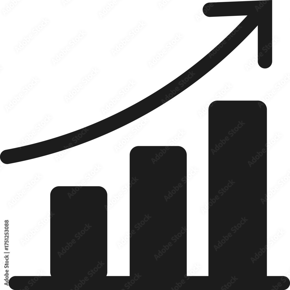 Simple black and white icon of a bar chart with an upward trending ...