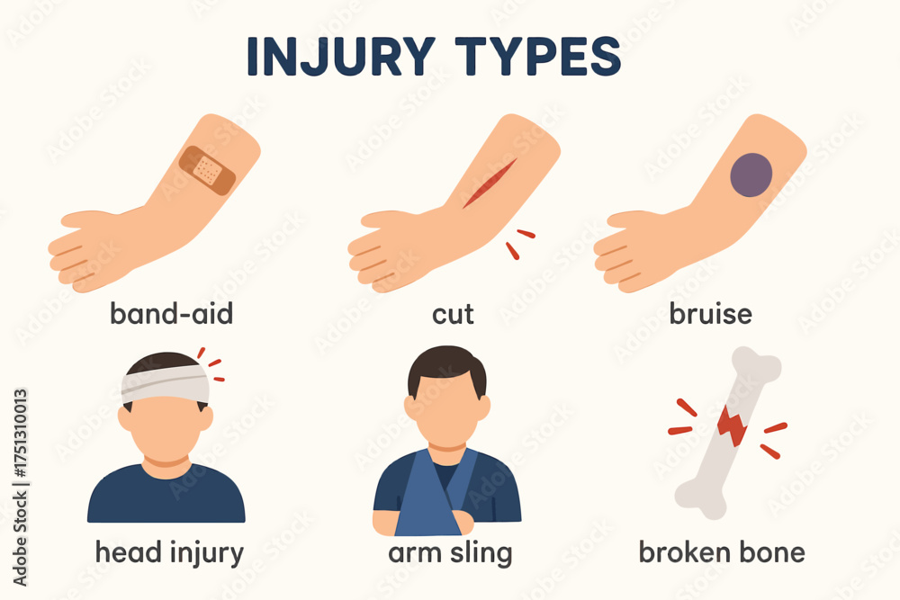 Illustrated injury types: band-aid, cut, bruise, head injury, arm sling ...