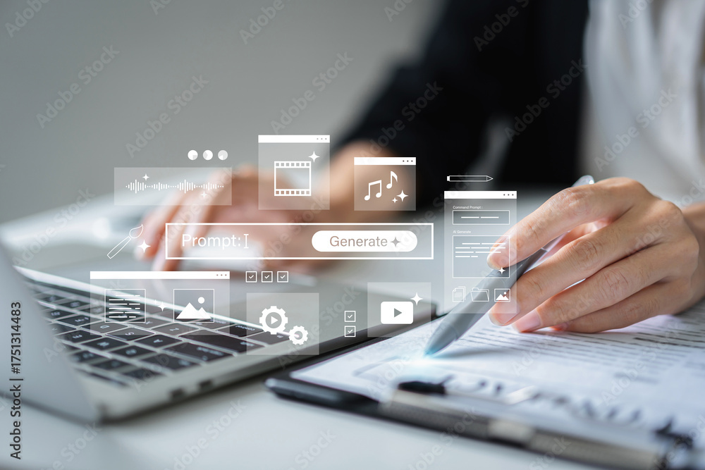 Hands creating diverse digital media content using artificial ...