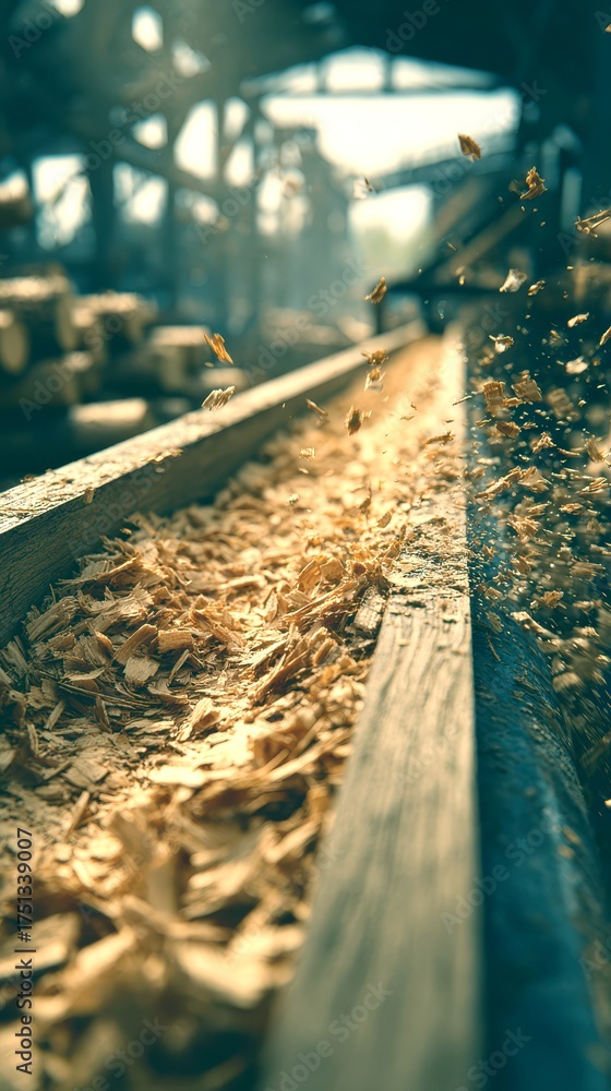 Sawdust flying from a lumber mill conveyor belt as logs are processed ...