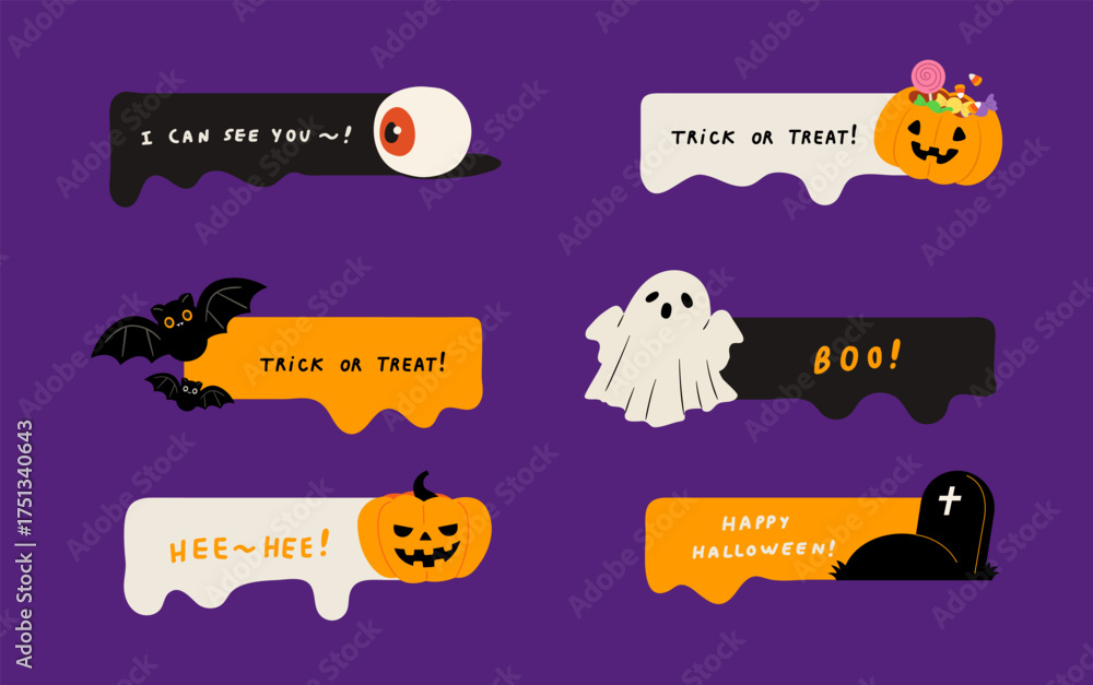 Set of cute and spooky Halloween name tags with various funny phrases ...