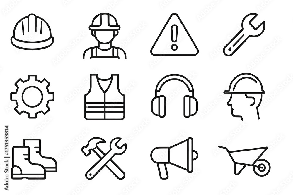 Construction safety and tools icons: helmet, work gear, tools, and ...
