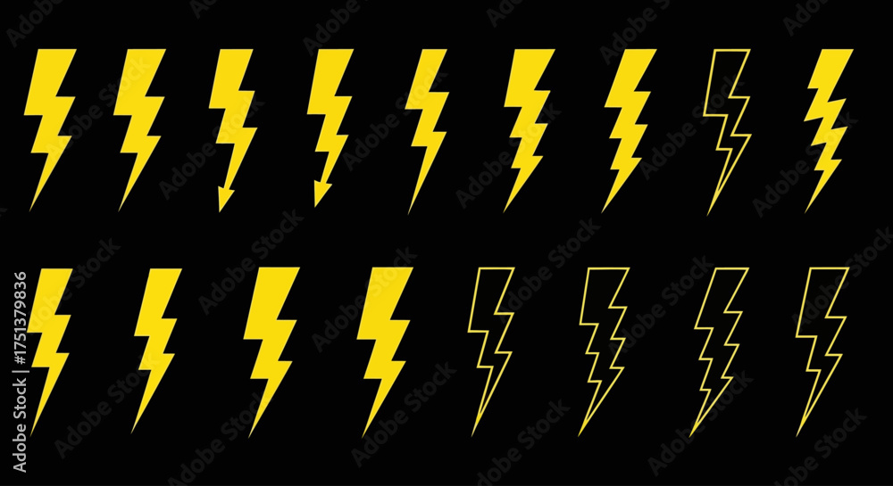 Set of sixteen yellow lightning bolt icons and thunder symbols ...
