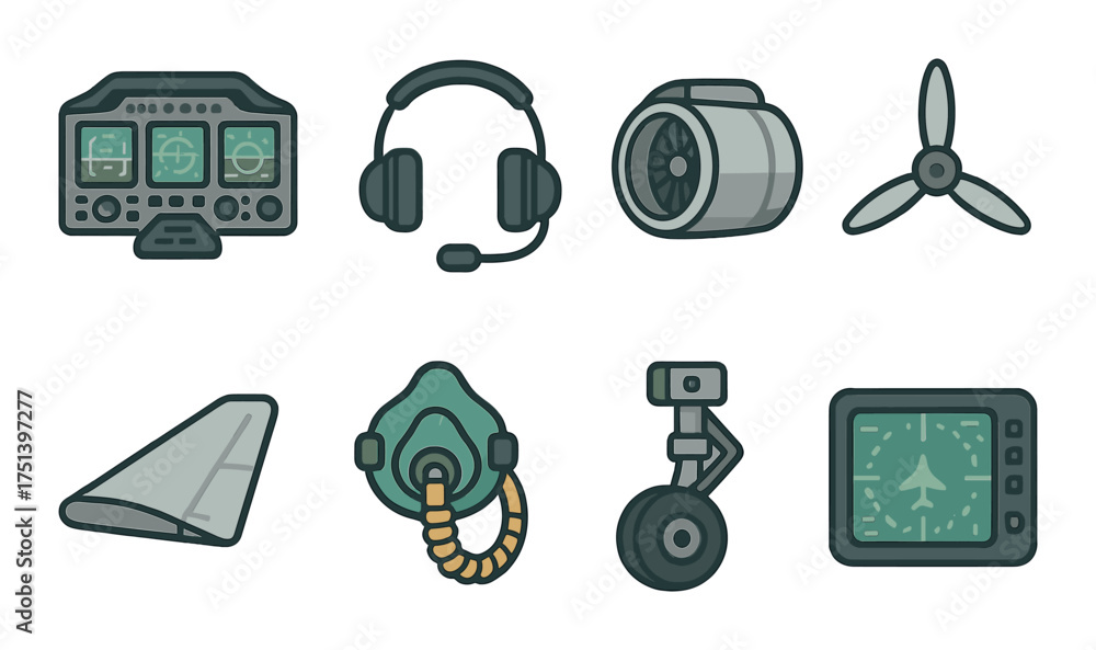 Aviation icons: control panel, headset, jet engine, propeller, wing ...