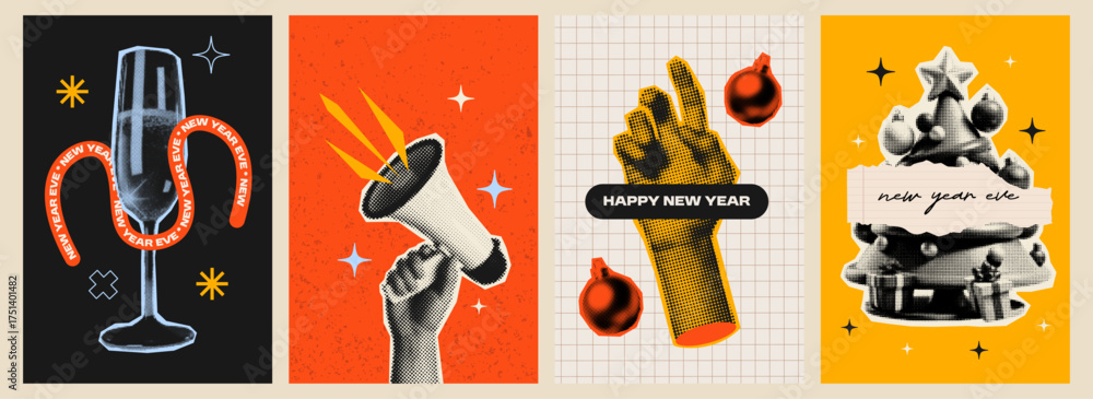 Vector de Stock 4 New Year posters in retro halftone style. Retro ...