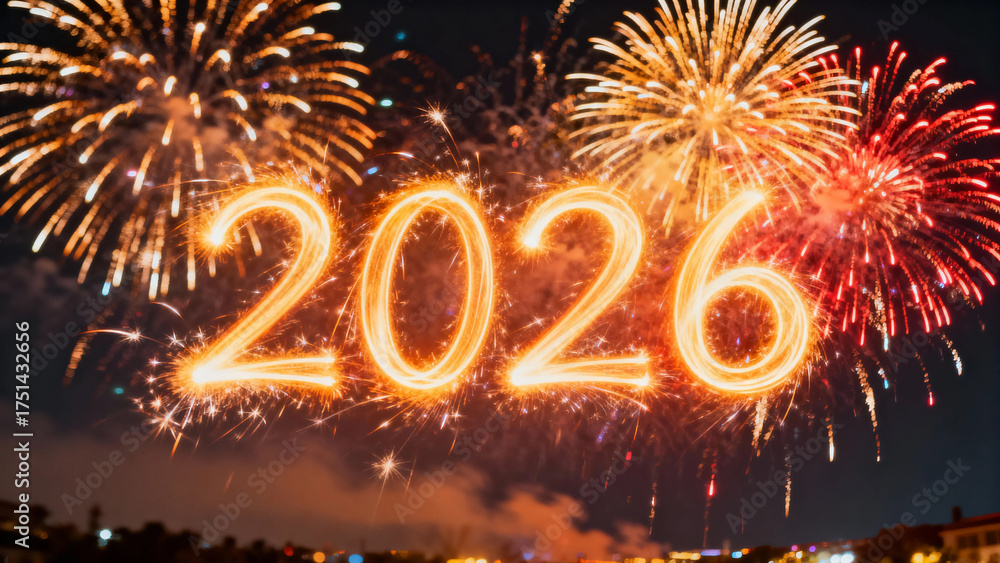 Fireworks display with glowing '2026' text in night sky Stock Photo ...