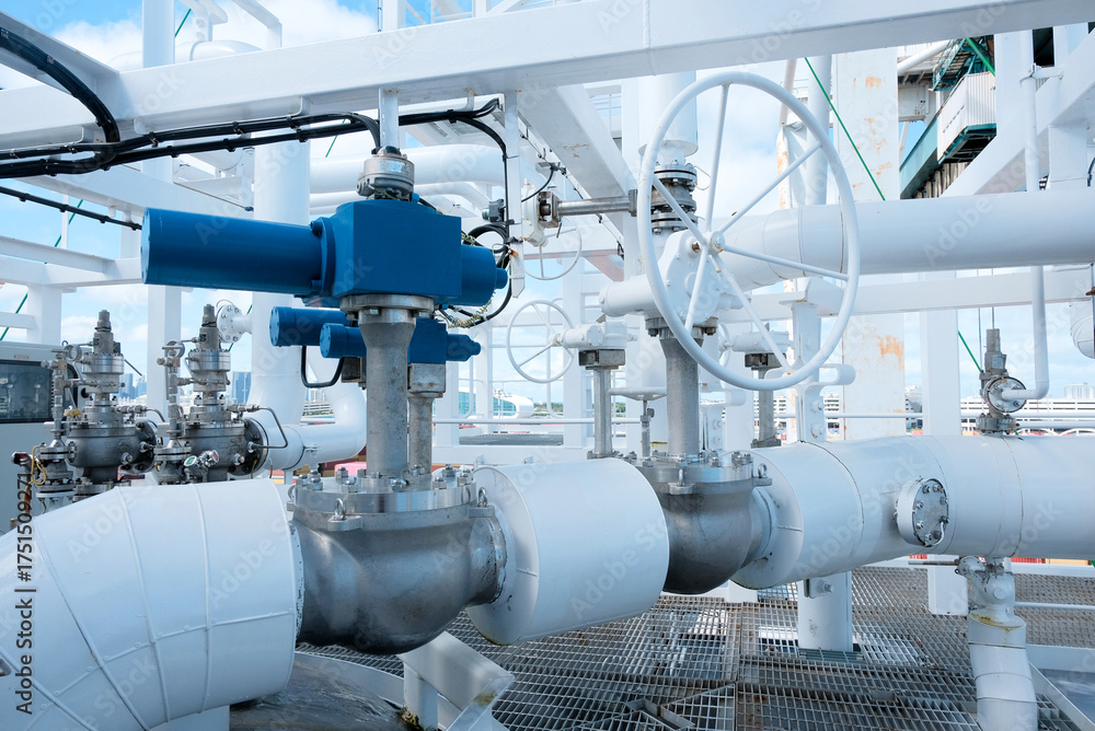 Complex Industrial LNG Methanol Piping System: Valves and Handwheels on ...