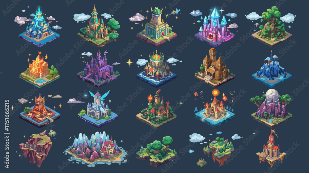 A collection of stylized isometric fantasy map icons including castles ...