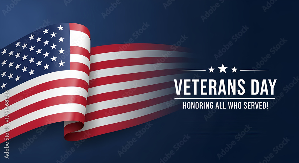 Patriotic Veterans Day Banner with Waving American Flag and ...