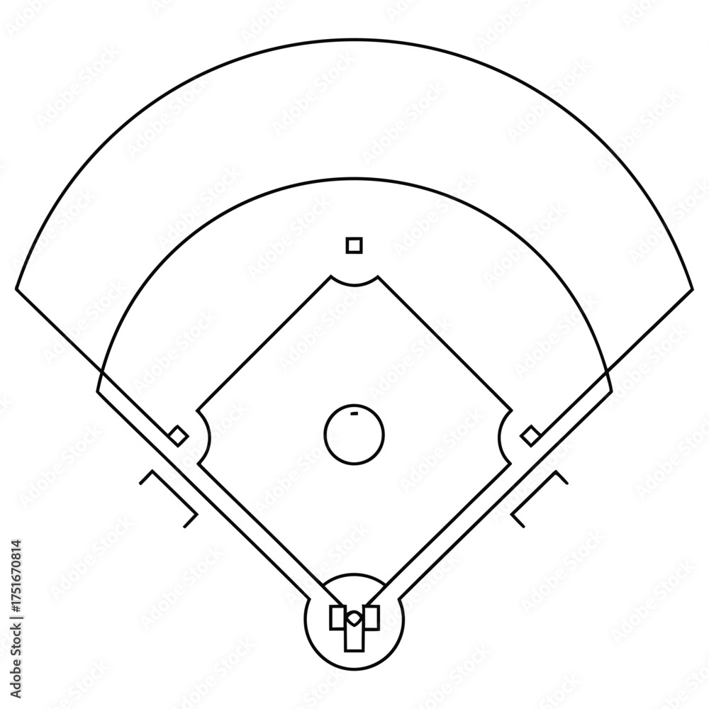 Simple black and white line drawing of a baseball field diagram with ...