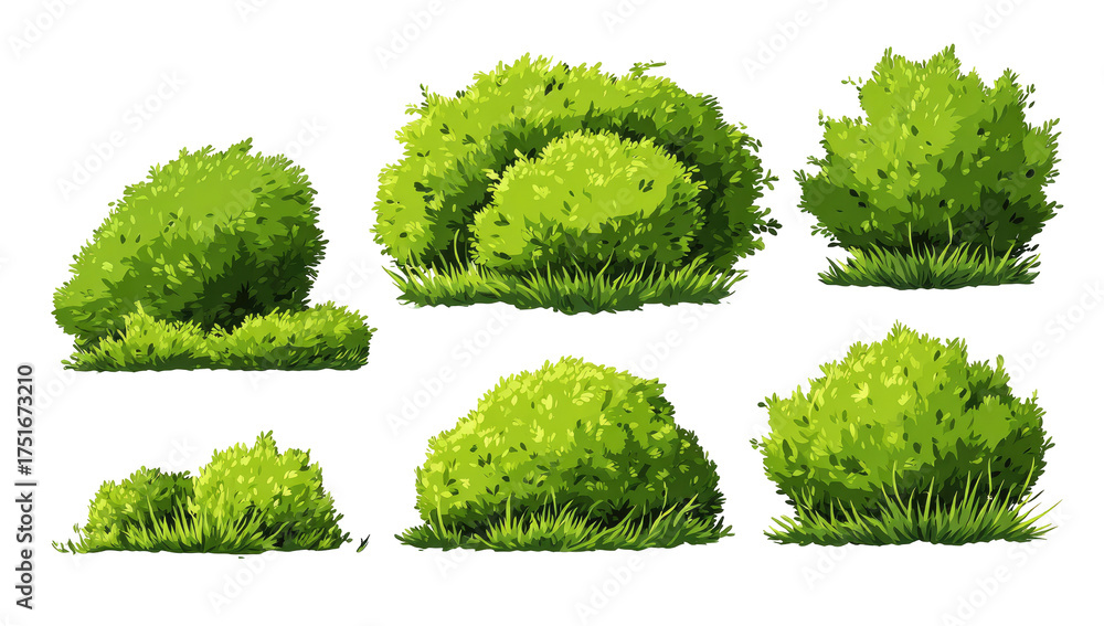 Collection of stylized, vibrant green bushes. Various shapes and sizes ...