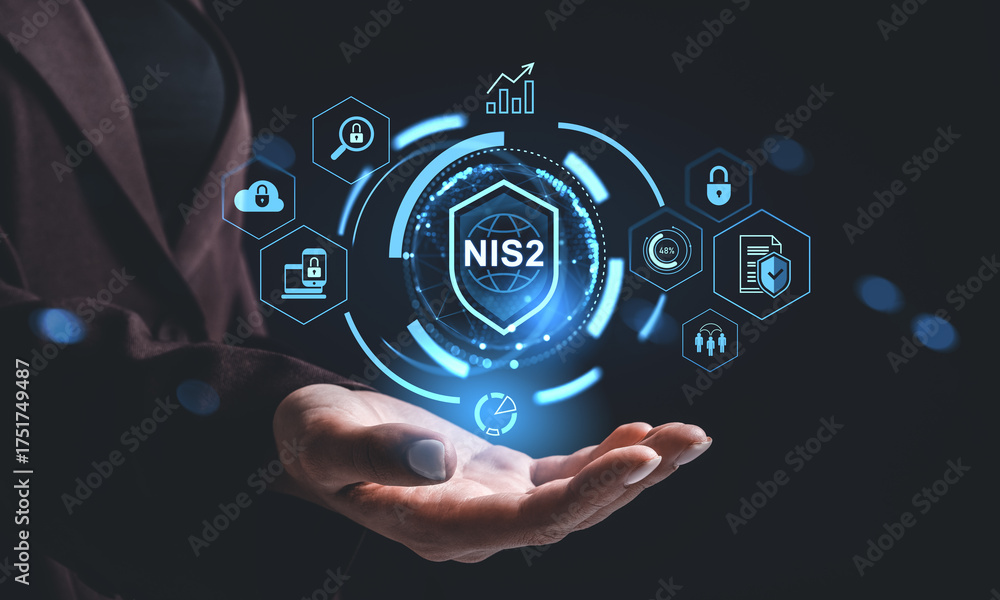 Futuristic NIS2 cybersecurity hologram interface concept above an open ...