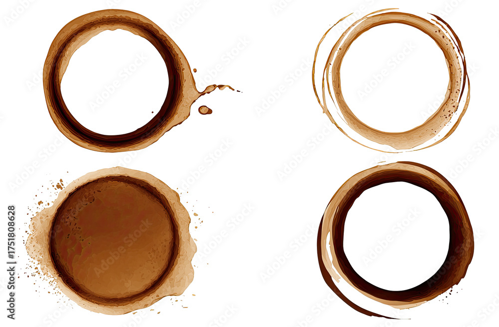 Four coffee stain patterns, varied in texture and flow, on a black ...