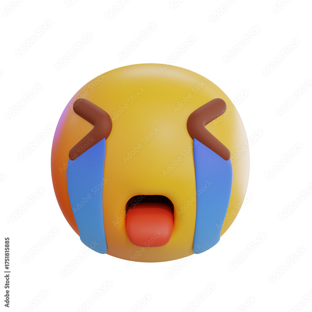 Yellow 3D Emoji Face Expressing Intense Crying With Blue Tears And Red ...