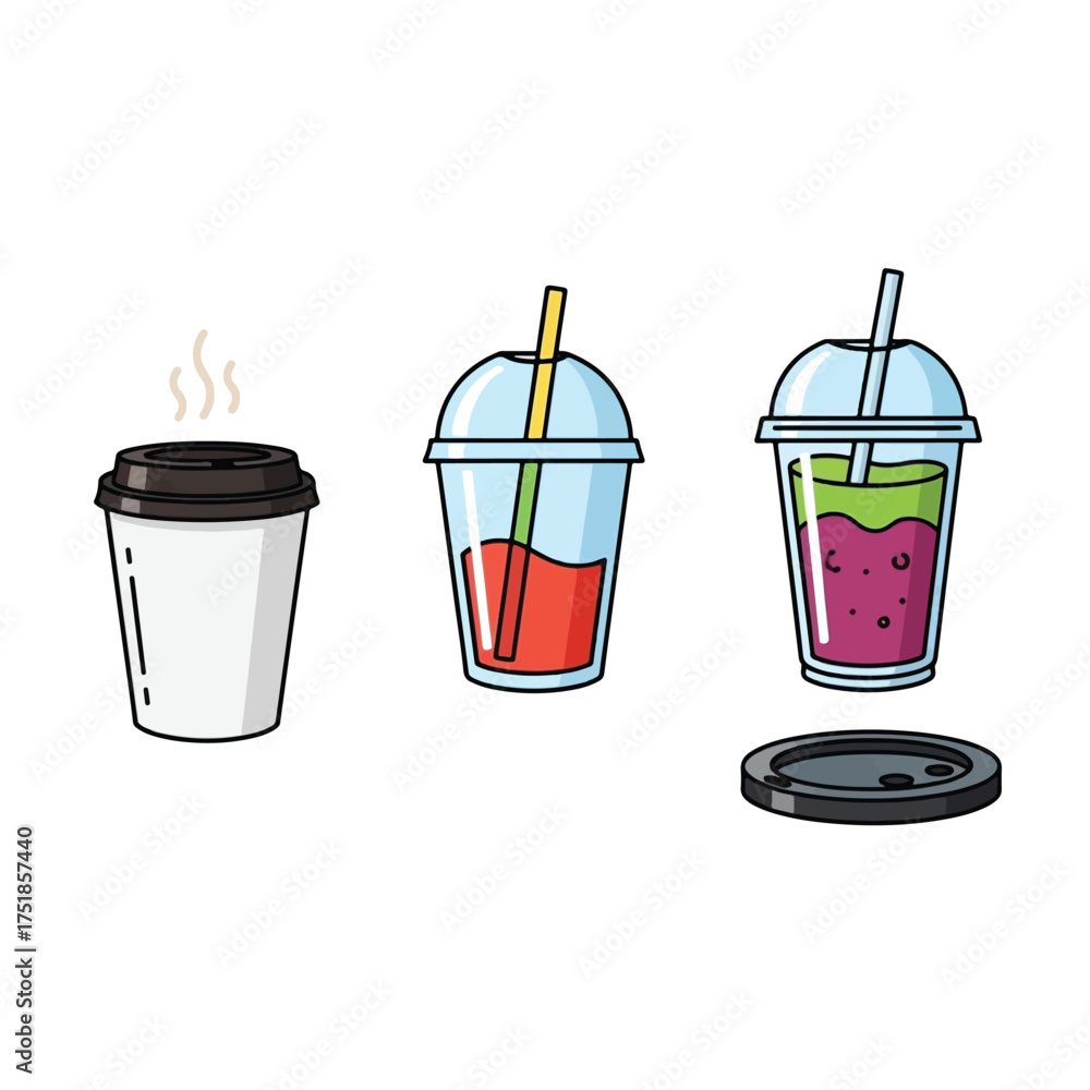 Three different types of beverages in disposable cups, including a hot ...