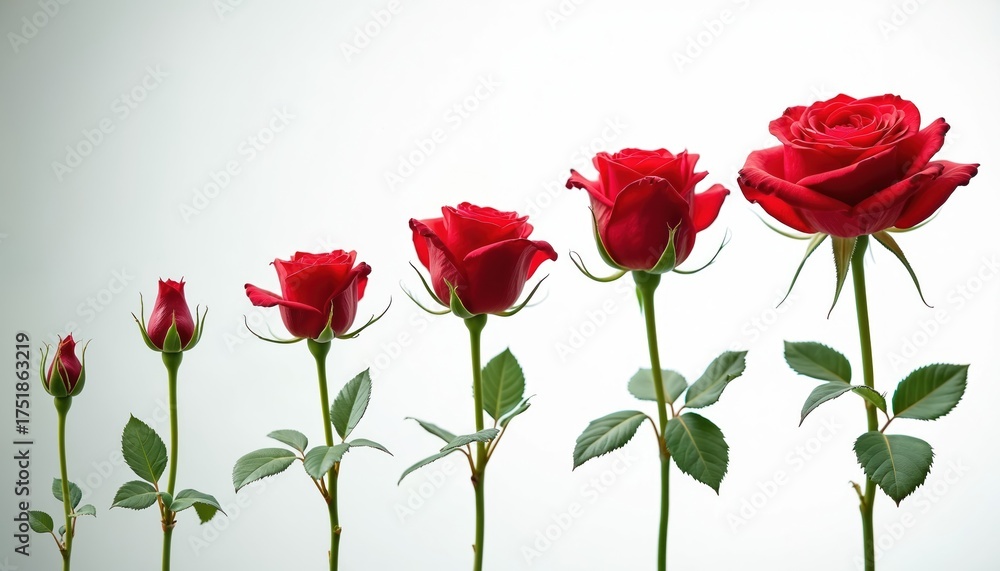 Sequence of red roses showing growth stages from bud to full bloom ...
