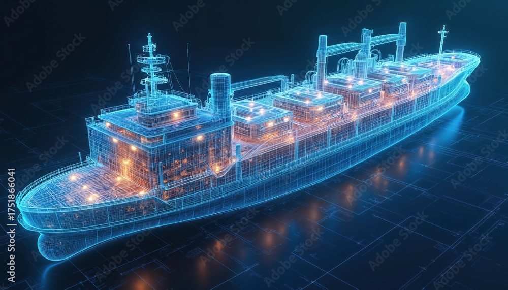 Detailed blueprint visualization of cargo ship. Digital design vessel ...