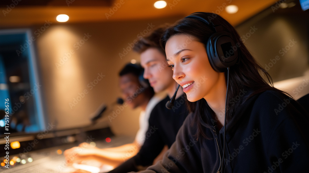 Voice actors record lines inside a sound booth while engineers monitor ...