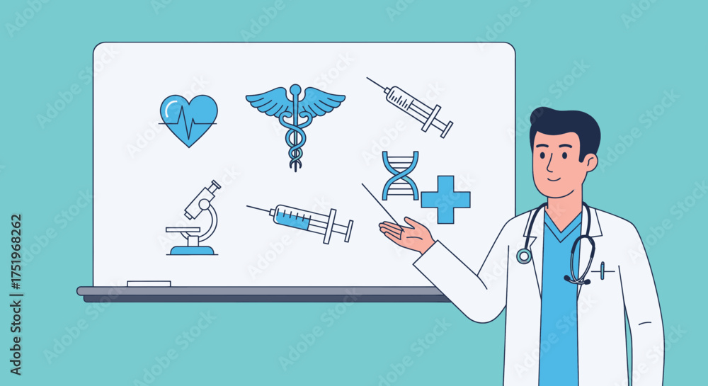 Doctor presenting medical symbols on a whiteboard in a medical setting ...