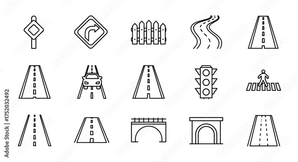 Roads and traffic line icon set. Highway, street, journey, and ...