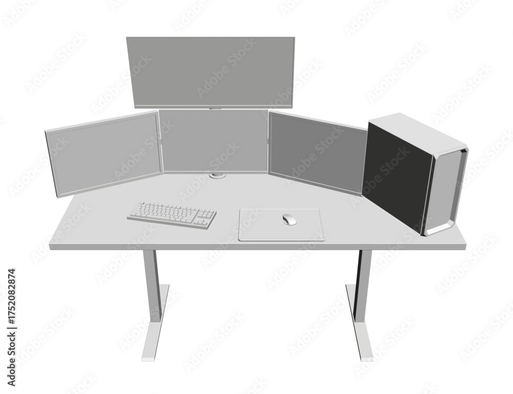 Polygonal gaming setup with dual monitors, keyboard, and mouse on an ...