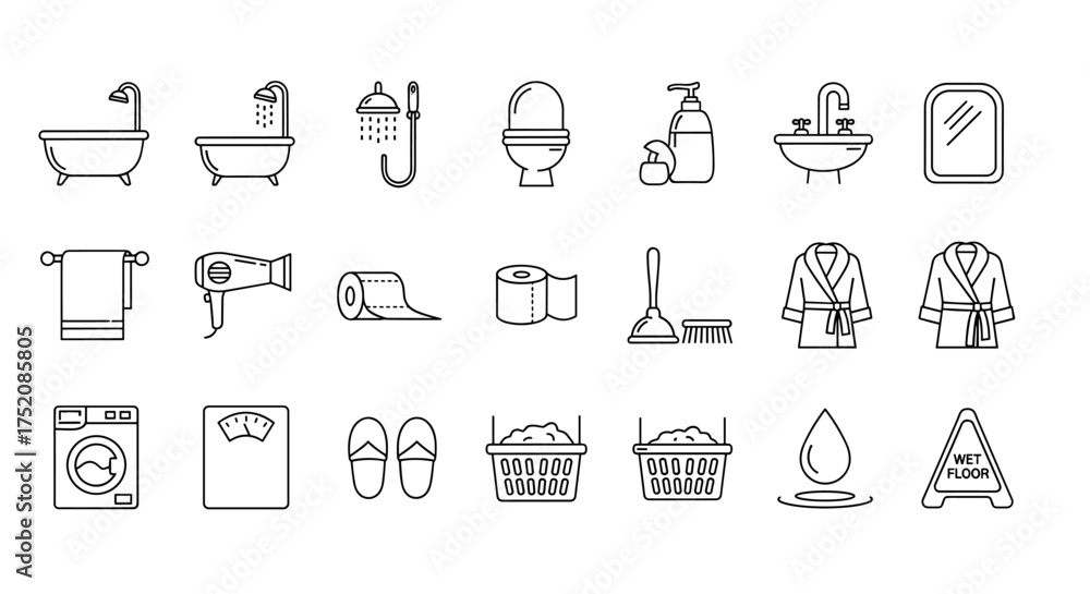 Bathroom & laundry line icon set. Vector symbols for hygiene, cleaning ...
