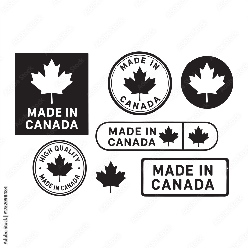 This image displays various "Made in Canada" labels and icons. Each ...