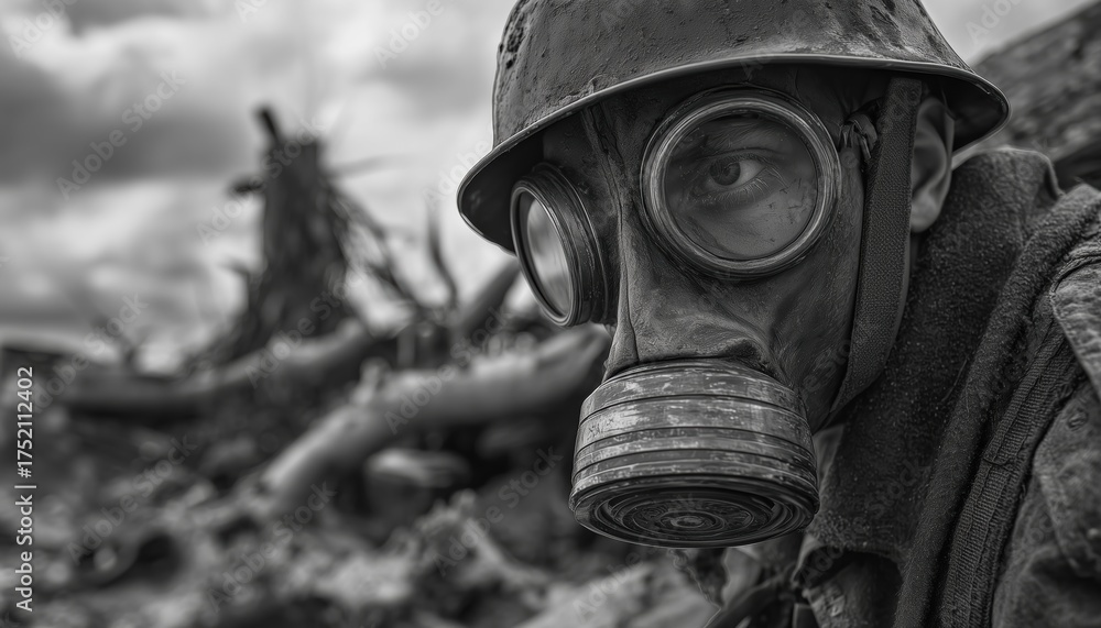 Military Personnel Donning A Gas Mask In A Battle Zone. Armed Forces ...