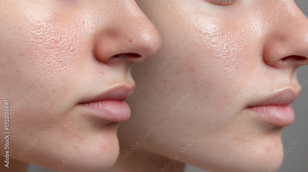 Before and after skin treatment results, showing visible pore reduction ...