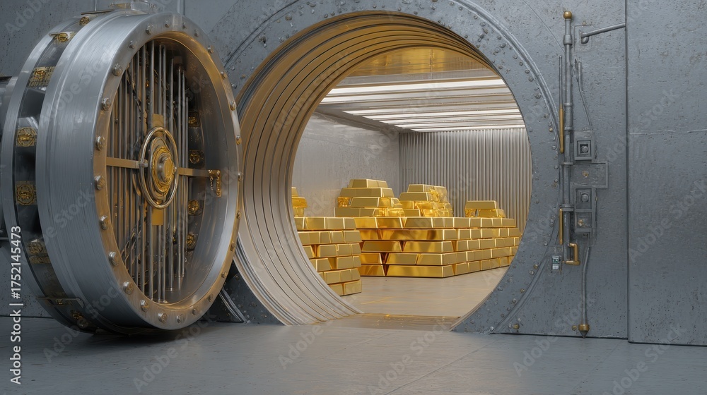 sideview of an open bank vault with gold stacks 3d render no logos no ...