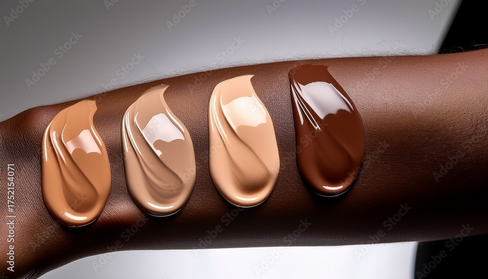 an arm displaying swatches of diverse foundation shades on a dark skin ...